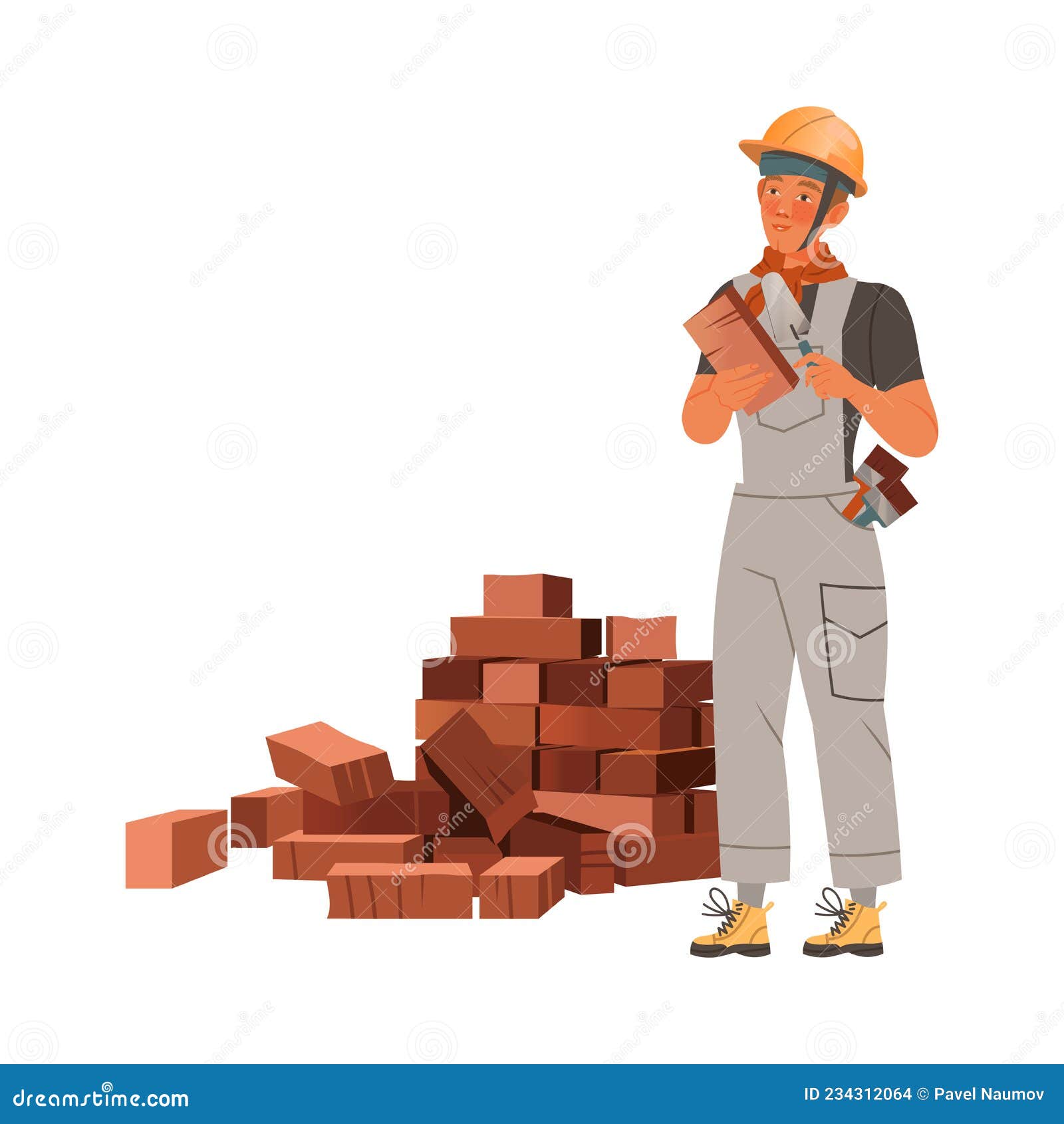 Man Builder Character Laying Bricks with Trowel Vector Illustration ...