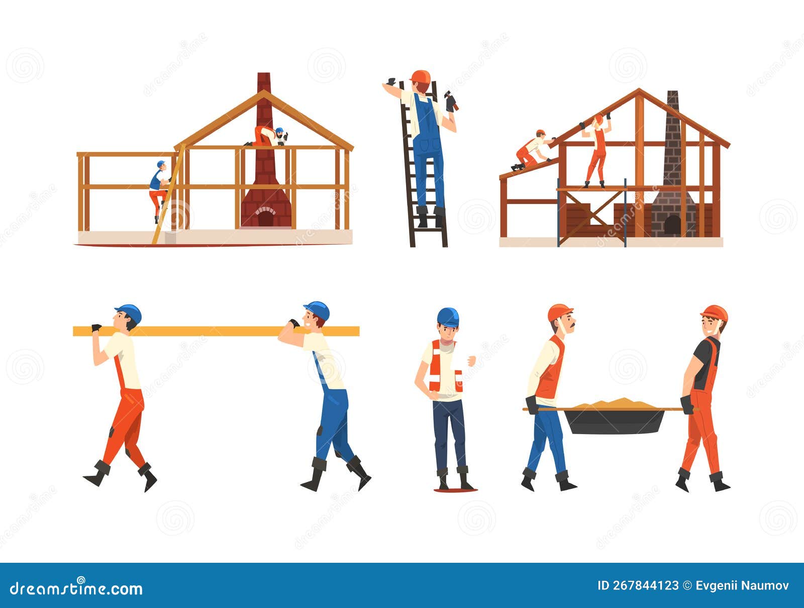 Man Builder Character in Overall and Hard Hat Building House Vector Set ...