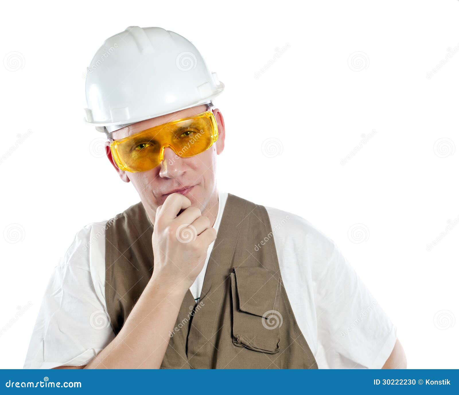The Man, the Builder, in Goggles and a Helmet.Portrait on a White ...