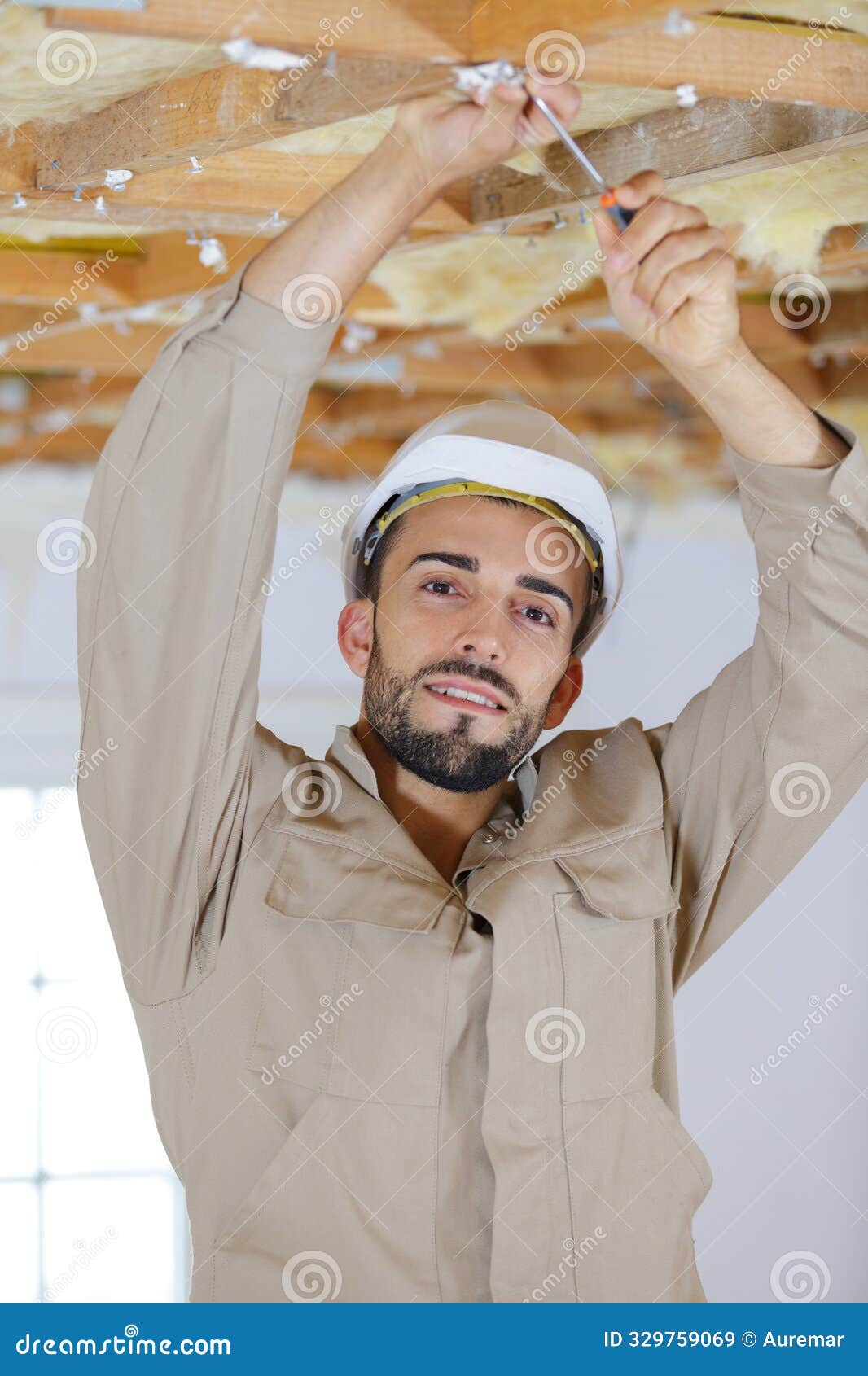 Man in Builder Installing Suspended Ceiling Stock Image - Image of ...