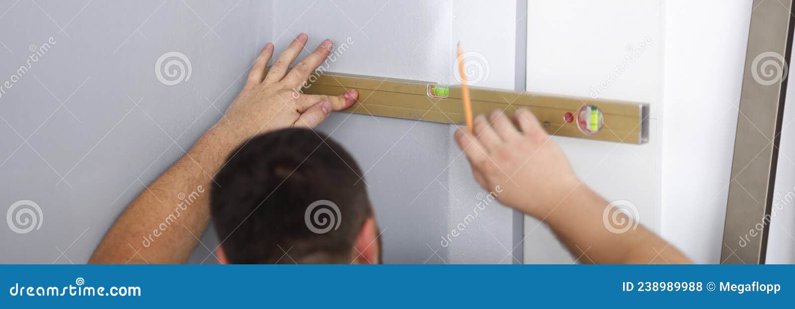 Man Builder Marks the Line on the Wall Stock Photo - Image of ...