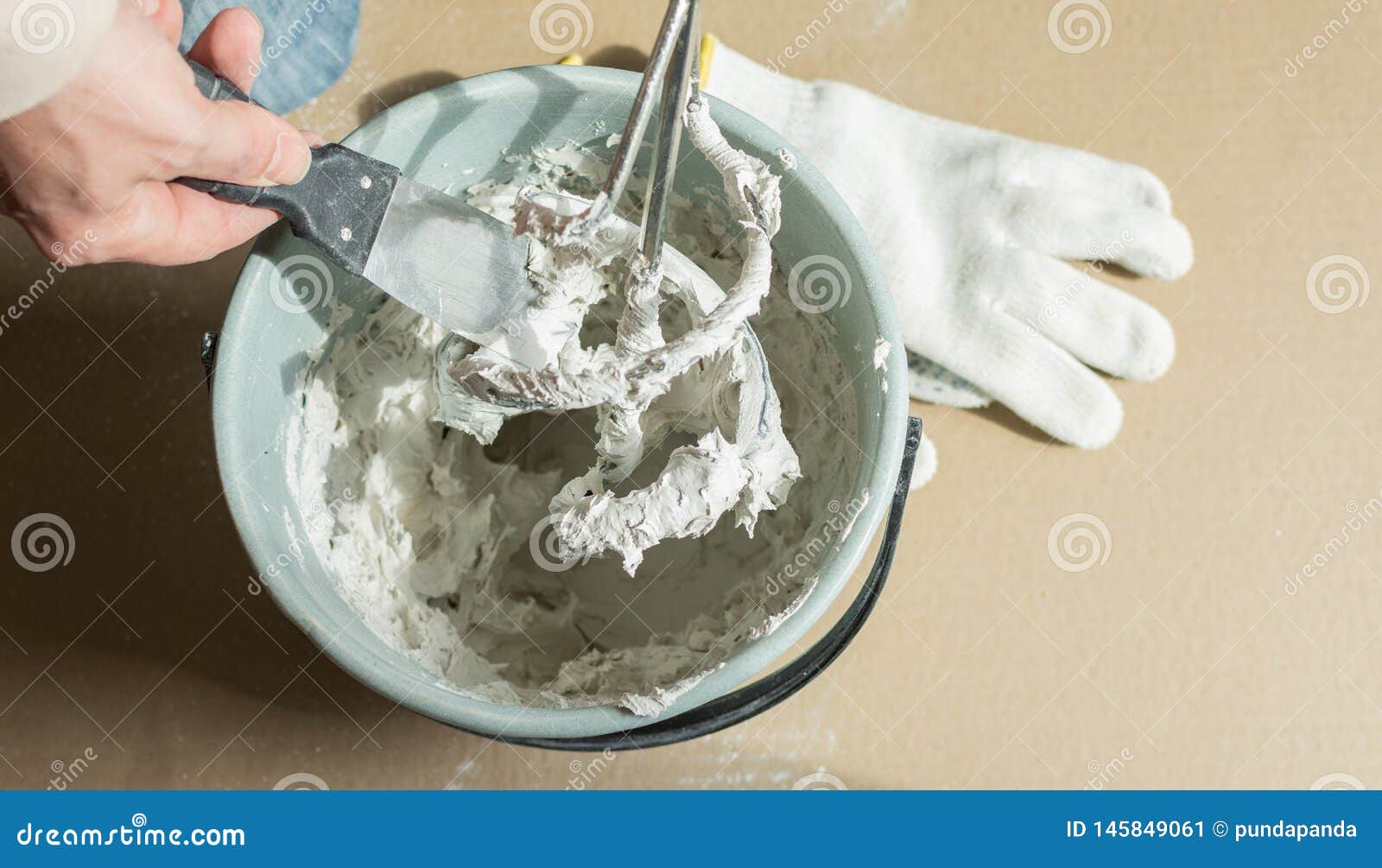 Man Builder Mixes Gypsum Putty Stock Image - Image of mason, adjuster ...