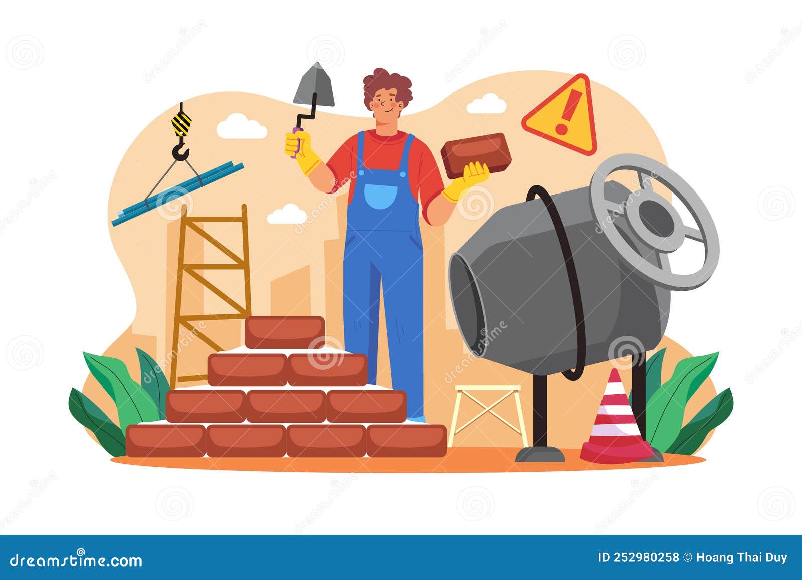 Man Builder with Trowel Laying Bricks in Wall Stock Vector ...