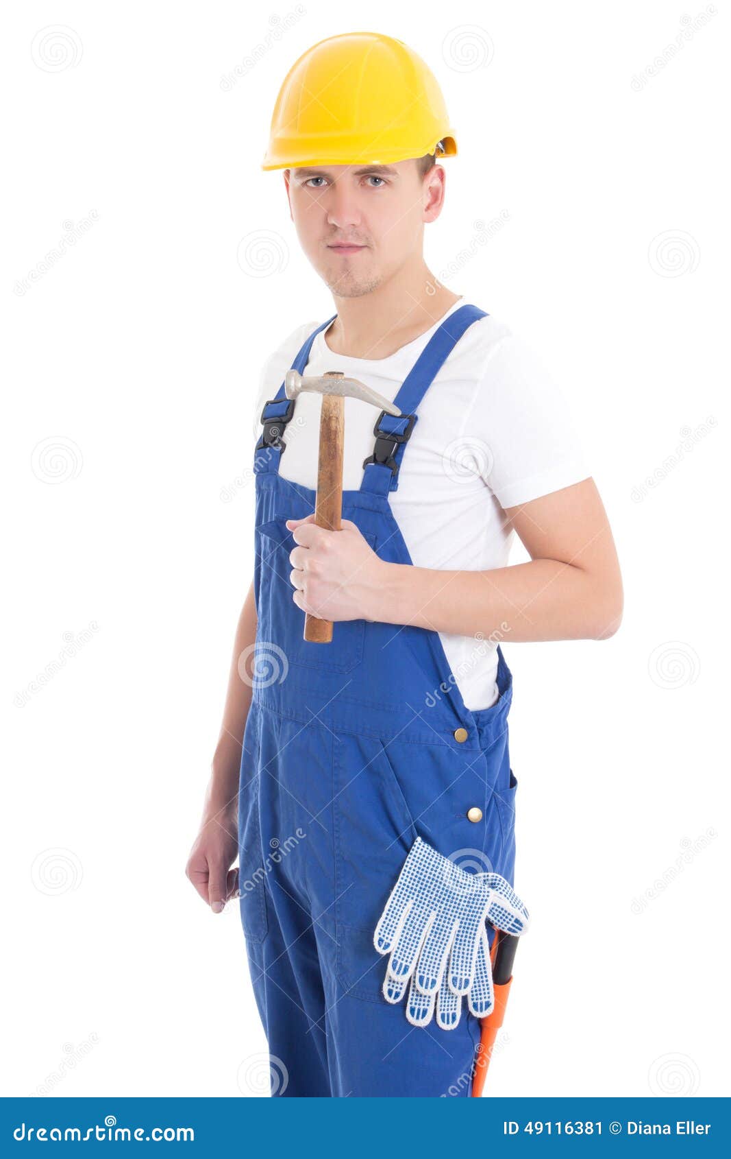 Man in Builder Uniform and Helmet with Hammer Isolated on White Stock ...