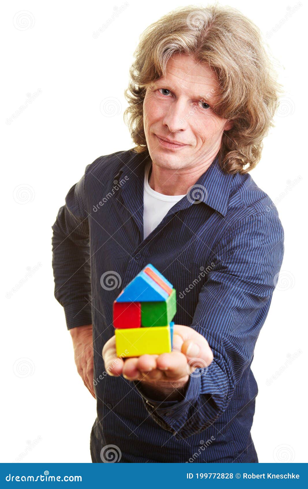 Man with Building Block House Stock Photo - Image of build, blocks ...