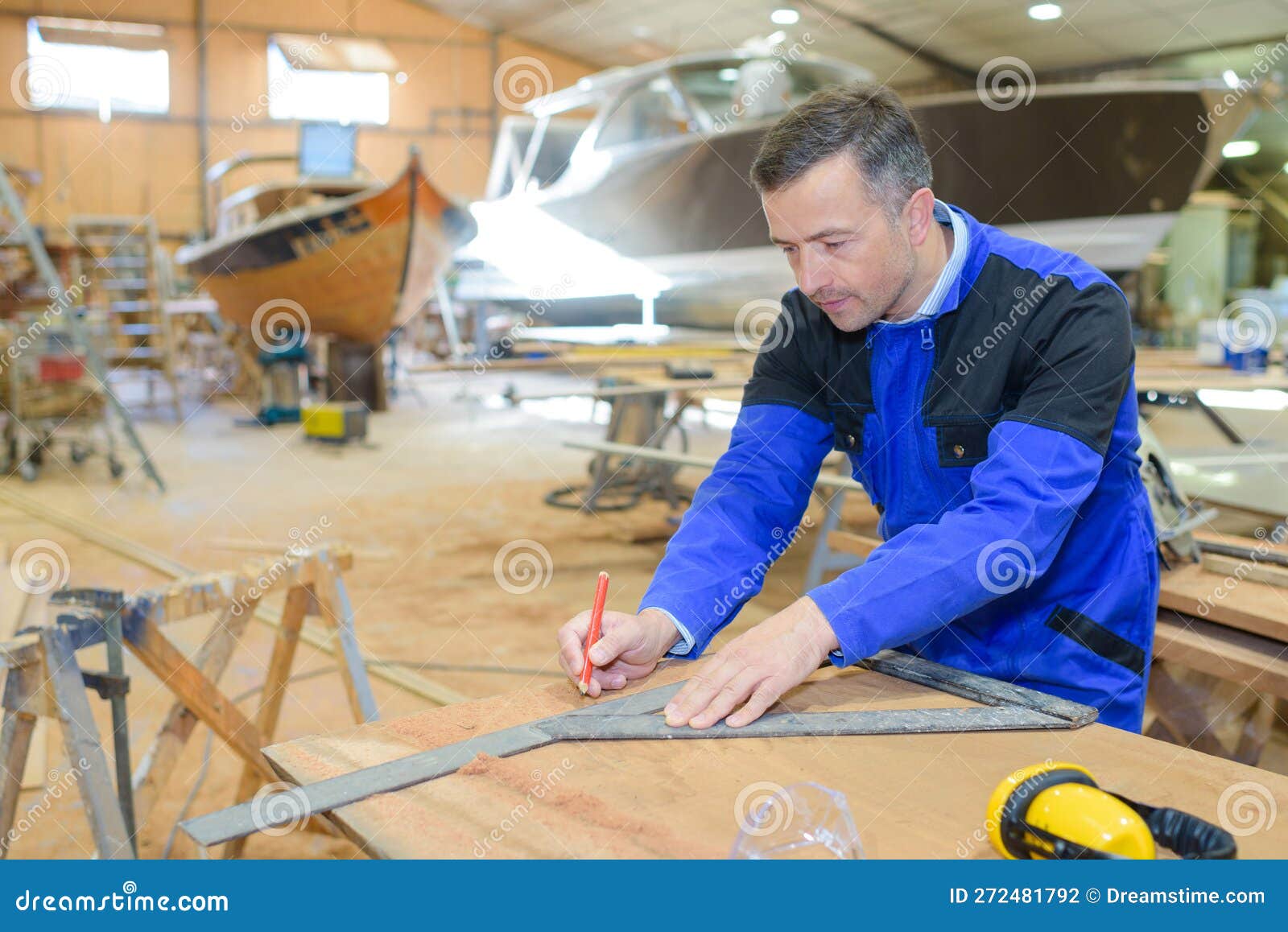 Man building boat stock photo. Image of builder, measure - 272481792
