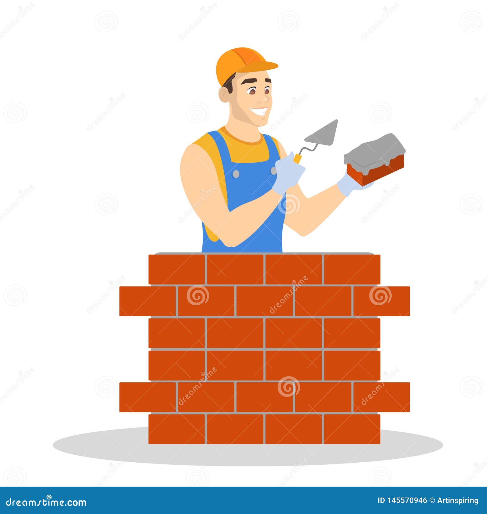 Man Building Brick Wall. Construction Worker In A Uniform Vector ...
