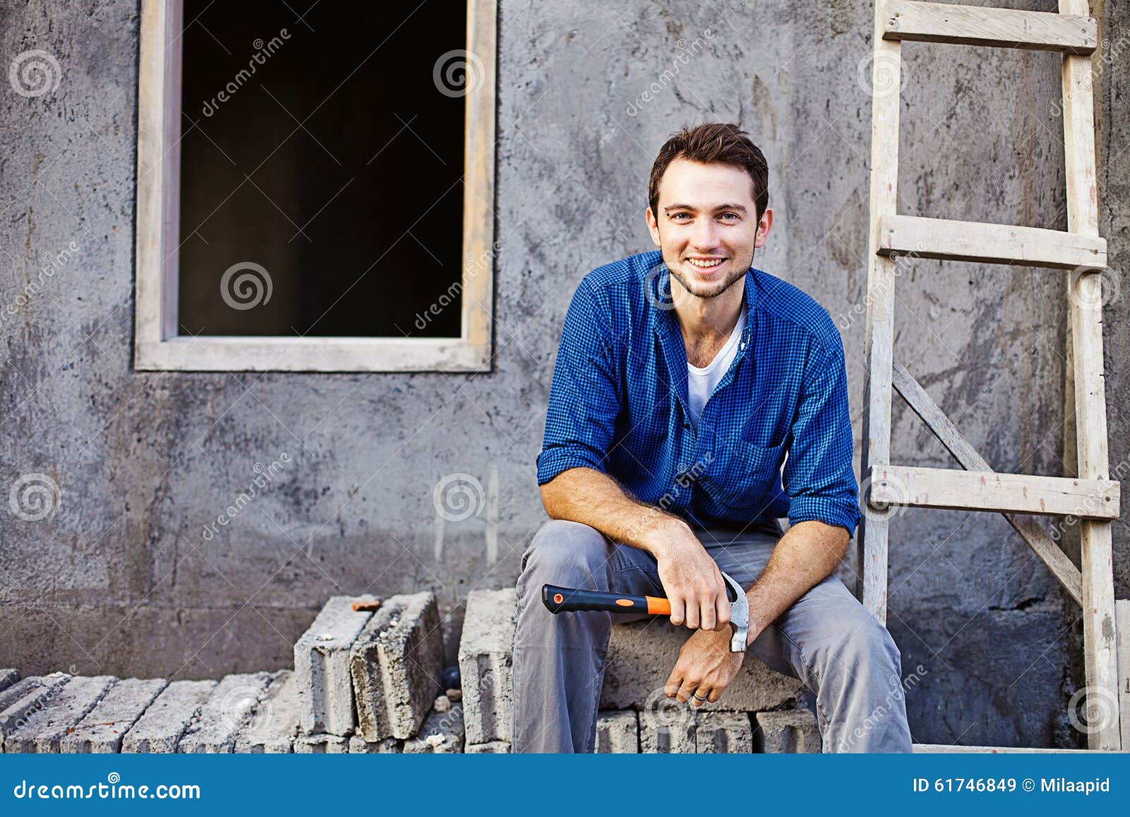Man building his house stock image. Image of ladder, foreman - 61746849