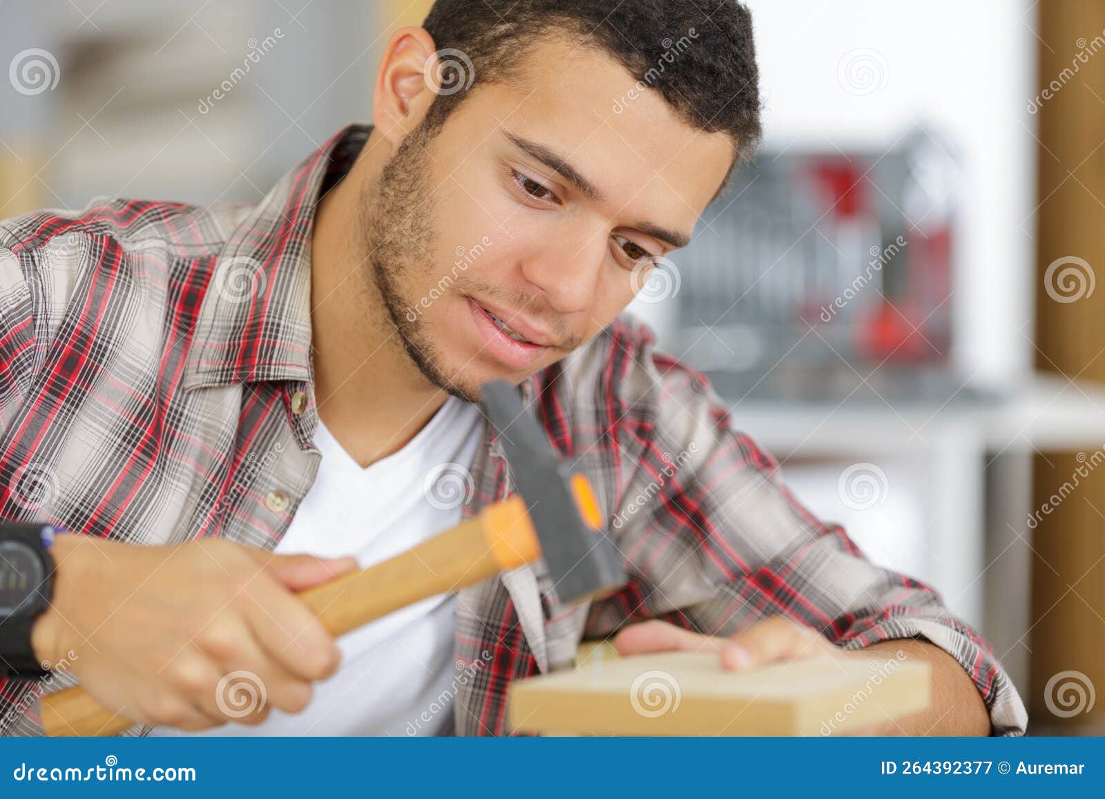 Man Building House and Workimg with Hammer and Wood Stock Image - Image ...