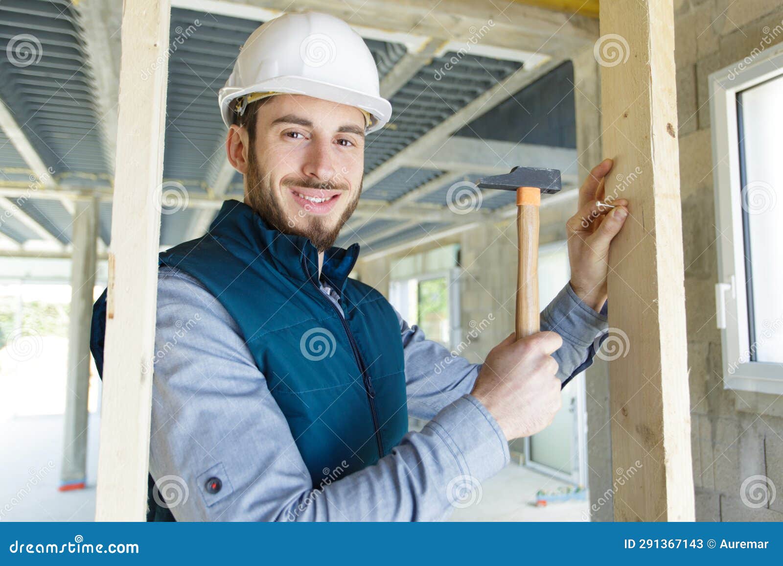 Man Building House and Working with Hammer Stock Image - Image of nail ...