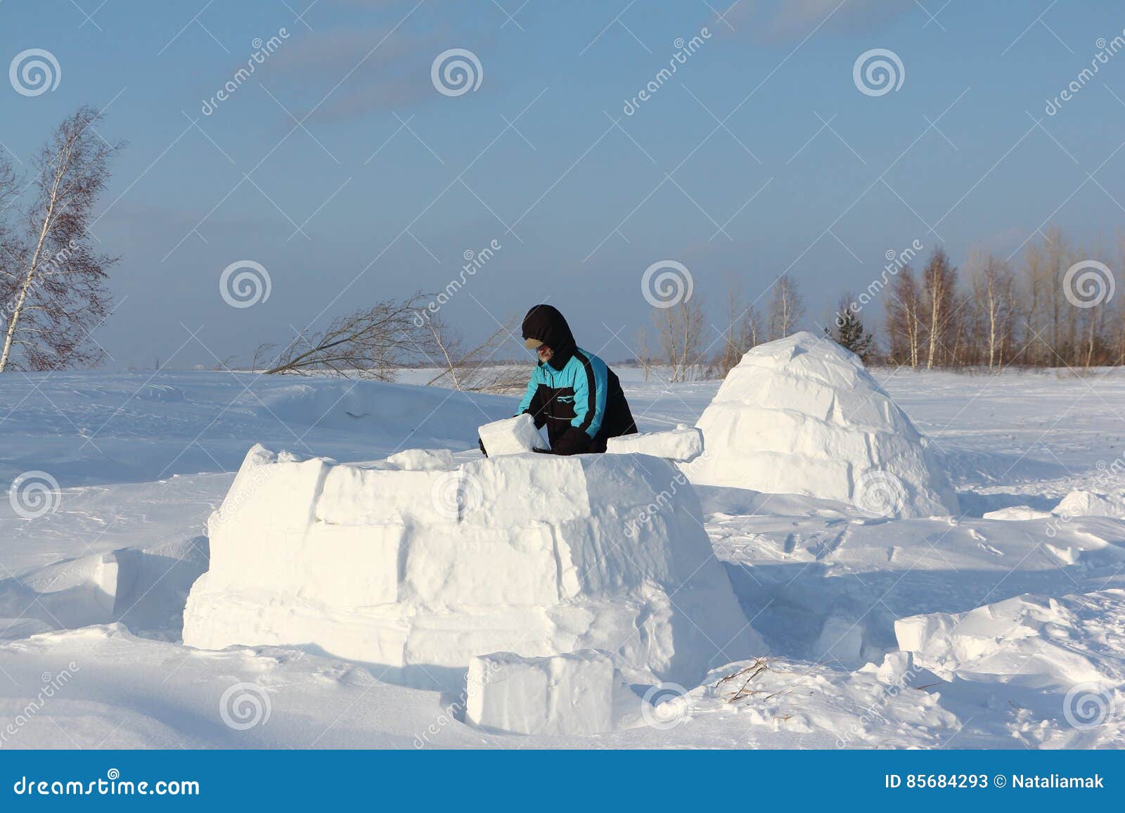 Man Building an Igloo of Snow Blocks in the Winter Stock Image - Image ...