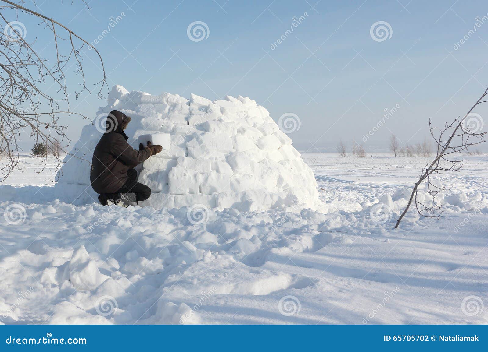 The Man Building an Igloo on a Snow Glade in the Winter Stock Photo ...