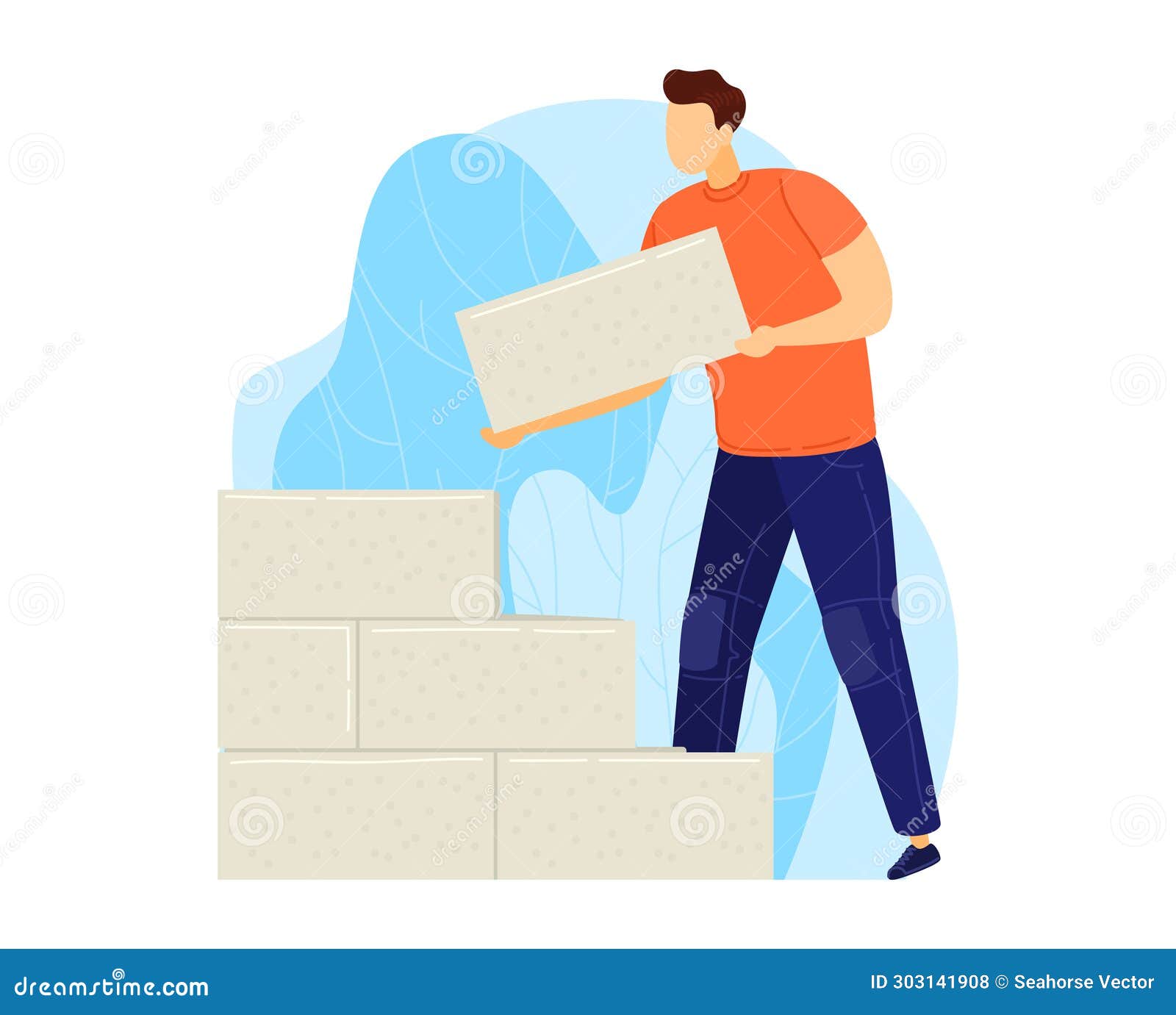 Man Building Wall with Bricks, Construction Worker Carrying Heavy Block ...