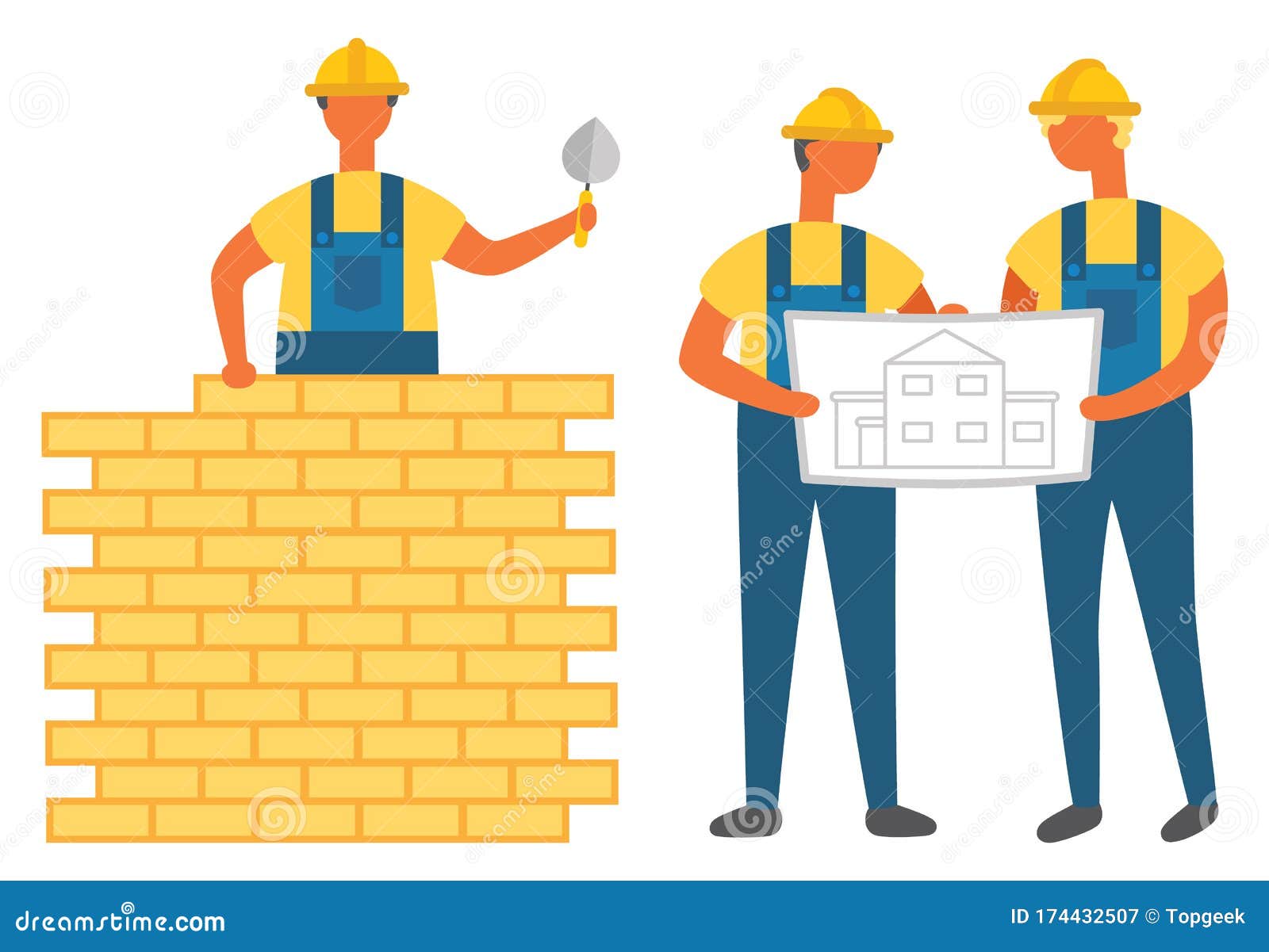 Man Building Wall with Bricks, Engineers with Plan Stock Vector ...