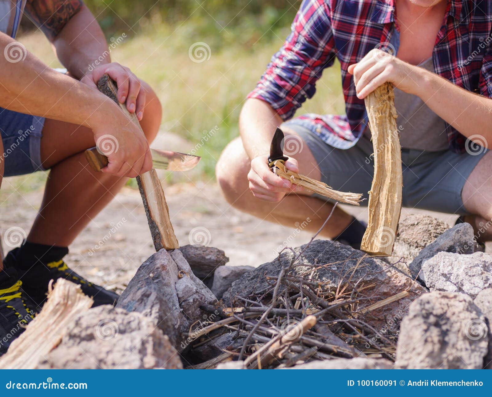 Man Builds Fire Pit Around Open Camp Fire Stock Image - Image of ...