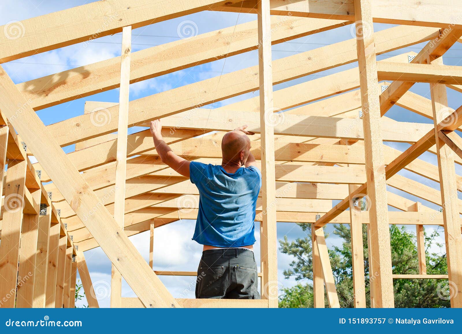 Man Builds a House in the Village Stock Image - Image of builder, frame ...