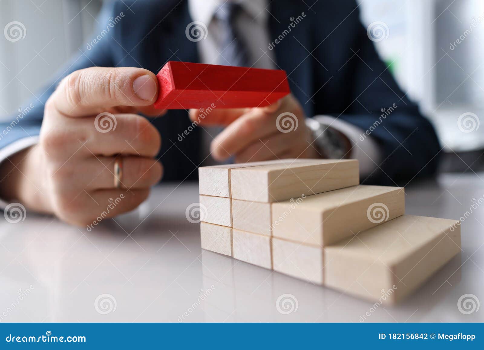 Man Builds on Table Construction Wooden Blocks Stock Photo - Image of ...