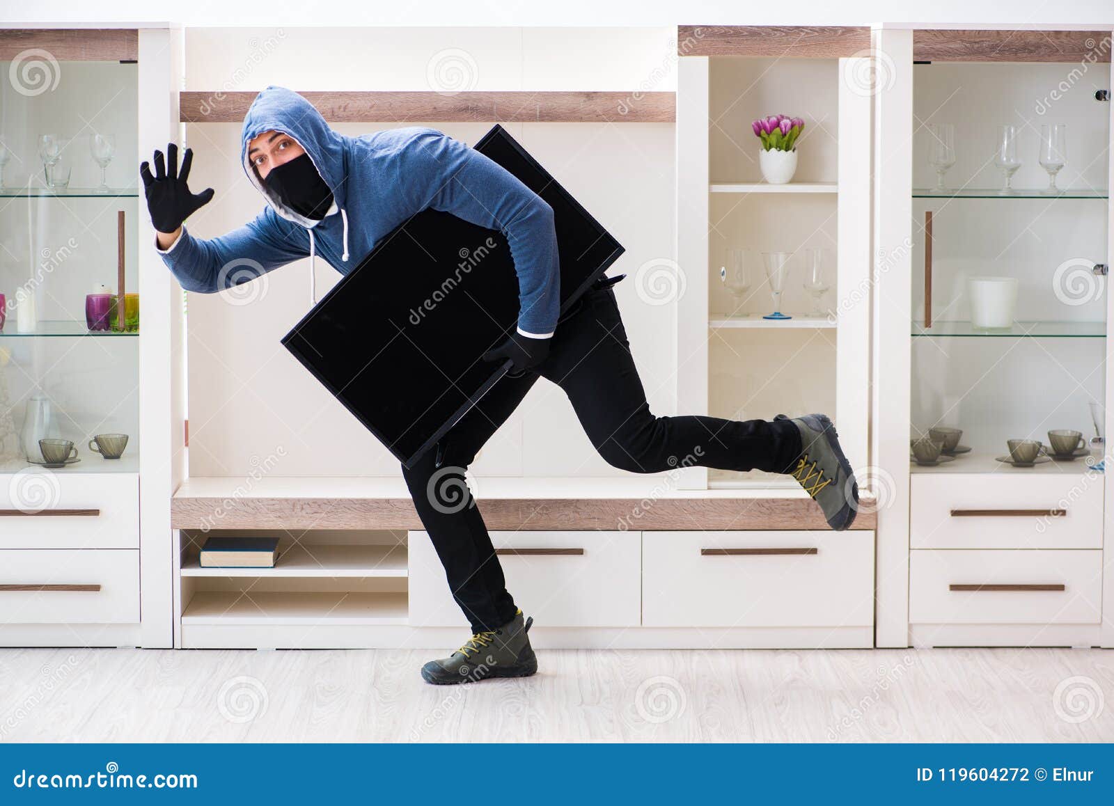 The Man Burglar Stealing Tv Set from House Stock Photo - Image of ...
