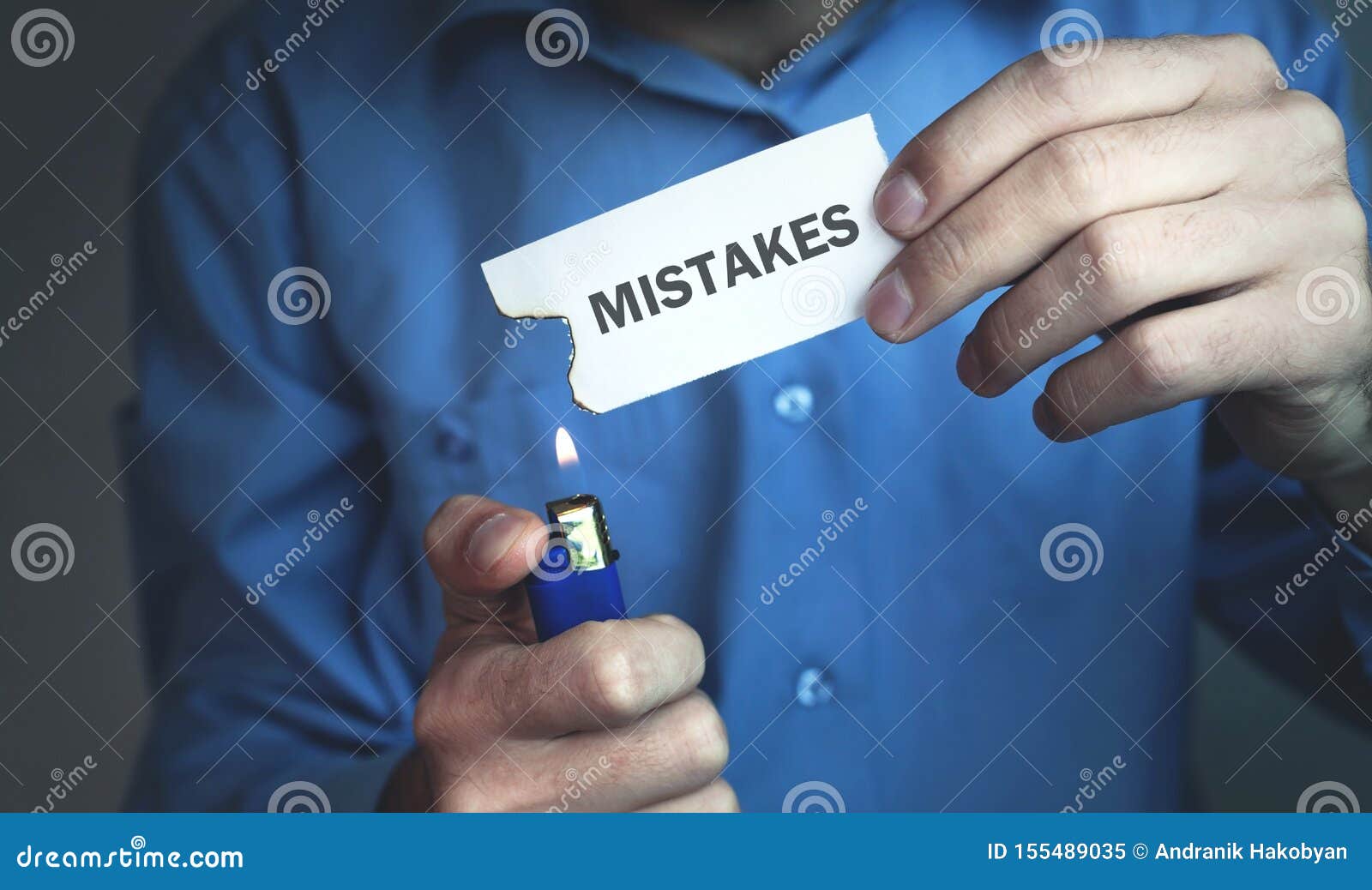 Man Burning a Piece Paper with Written Mistakes Text Stock Image ...