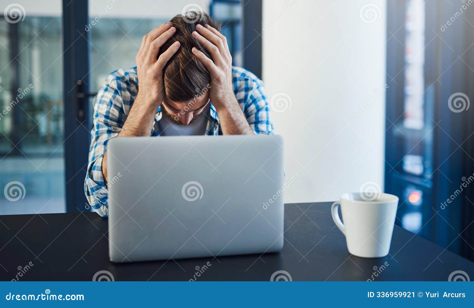 Man, Burnout and Laptop in Office for Programming, Networking Error and Glitch in System ...