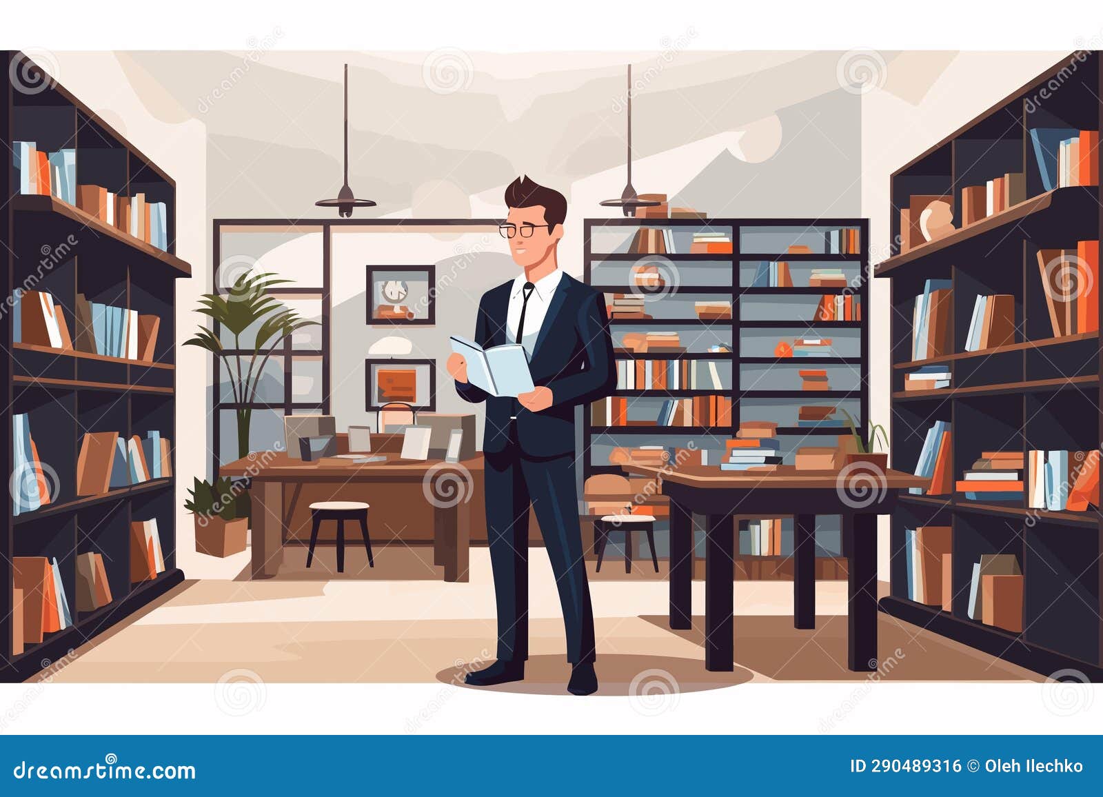 Man in Business Suit in Bookstore Vector Flat Isolated Illustration ...