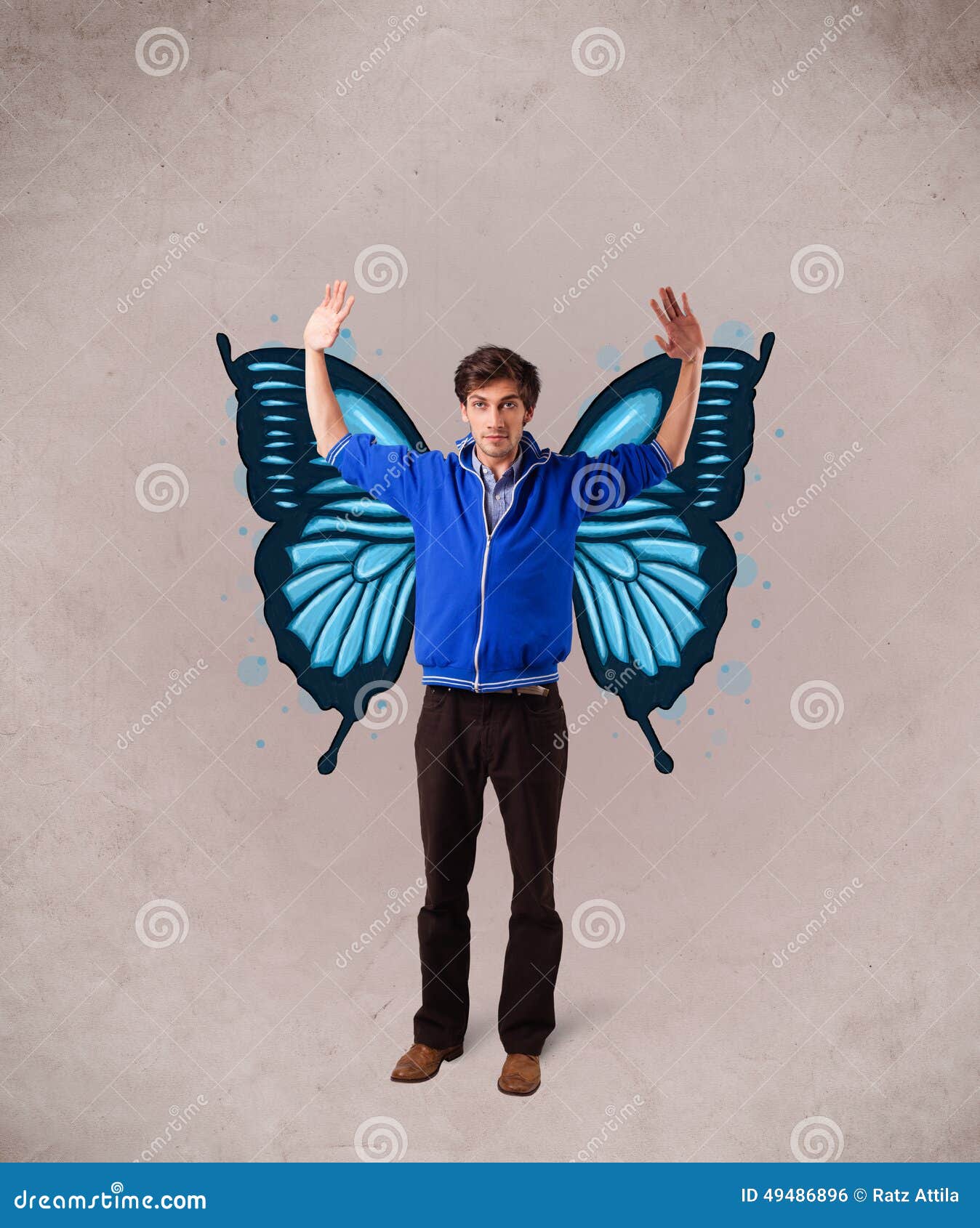 Man with Butterfly Blue Illustration on the Back Stock Illustration ...