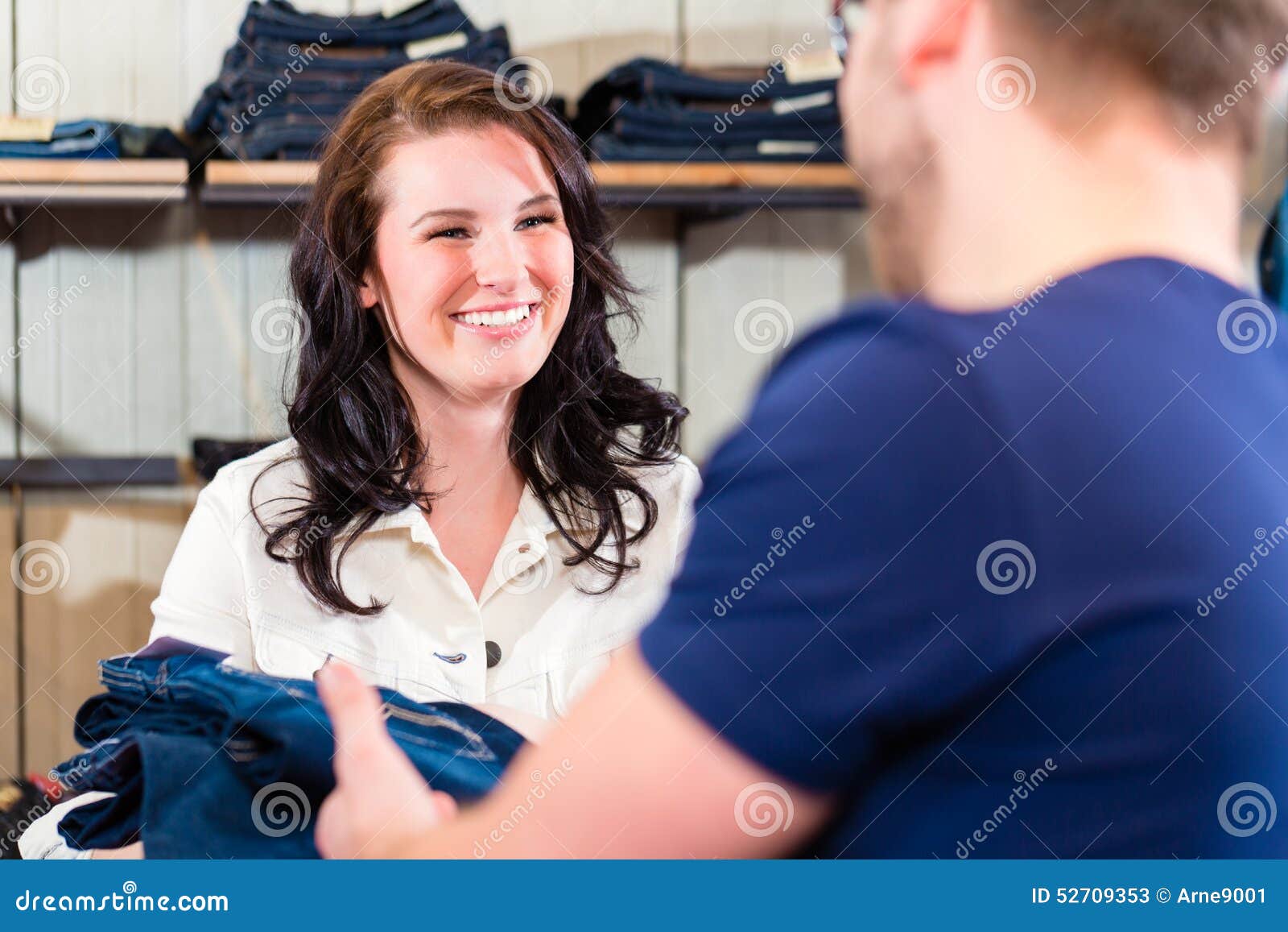 Man Buying Blue Jeans in Shop Stock Image - Image of advise, apparel ...