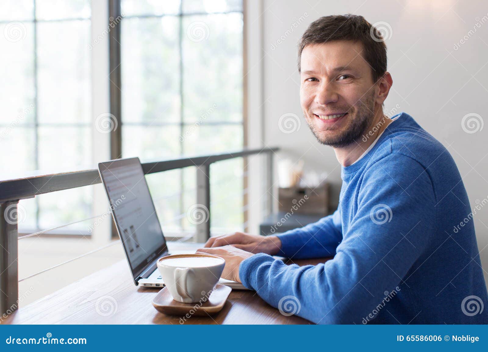 Man in cafe stock photo. Image of laptop, beard, cafe - 65586006