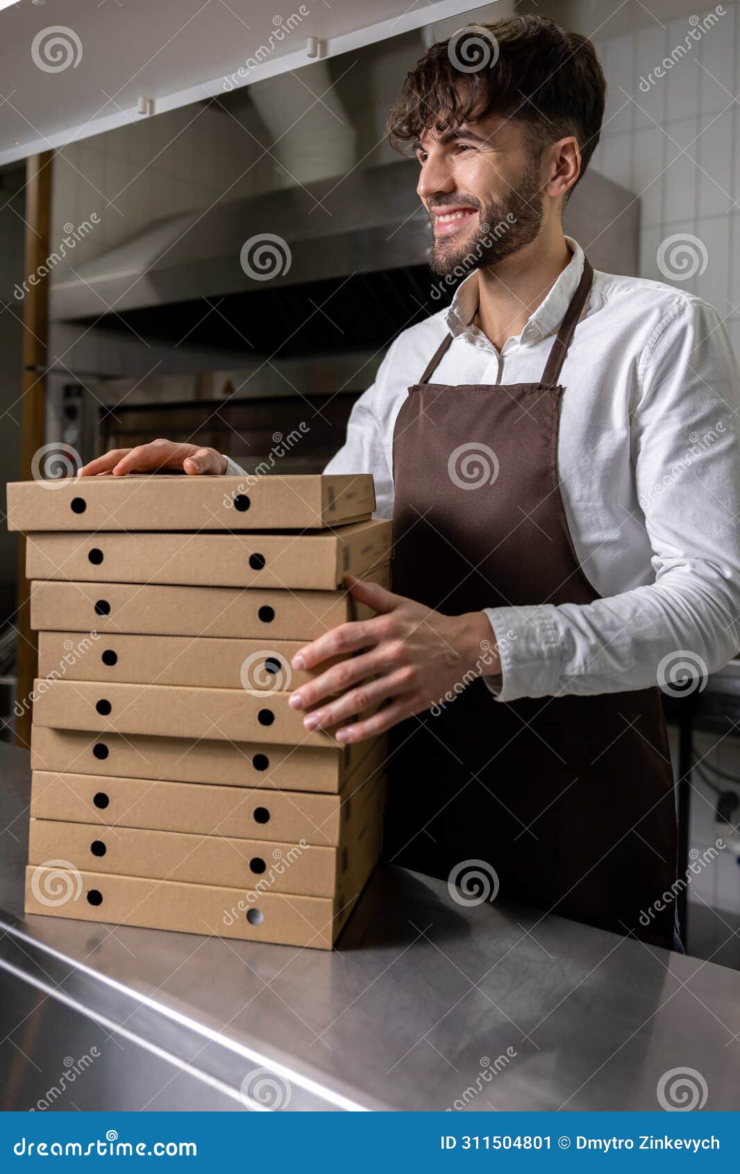 Man Cafe Worker Holding Cardboard Stack of Pizza Boxes Stock Image ...