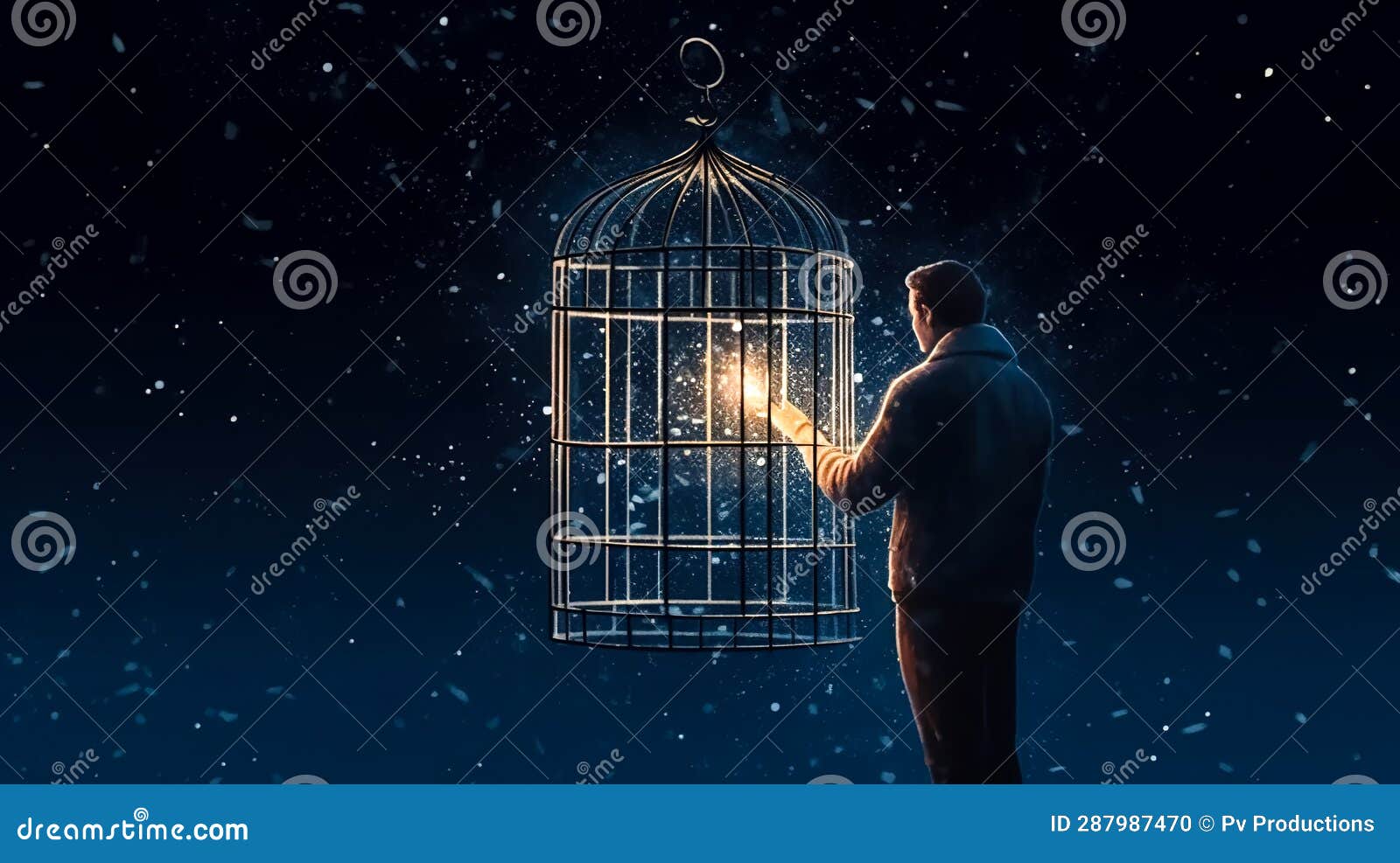 Man and Cage at Night, Generative AI. Stock Illustration - Illustration ...