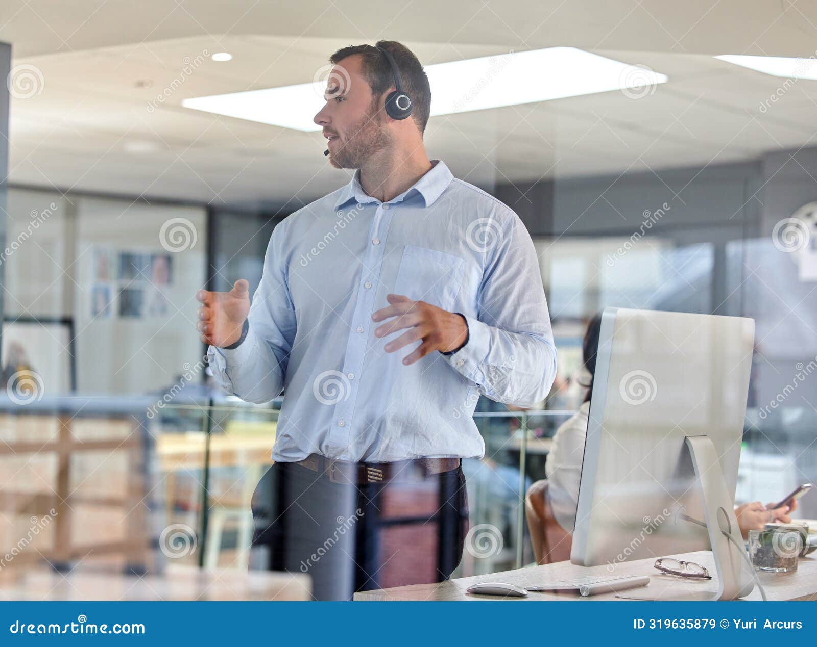 Man, Call Center and Microphone on Computer for Technical Support in ...