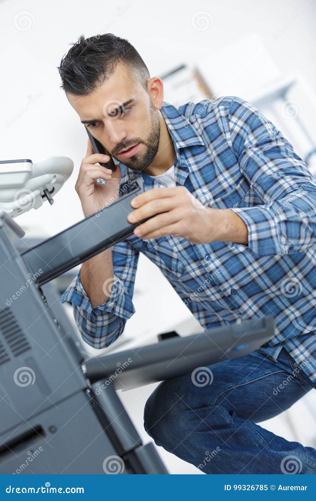 Man Calling for Assistance while Fixing Office Printer Stock Image ...