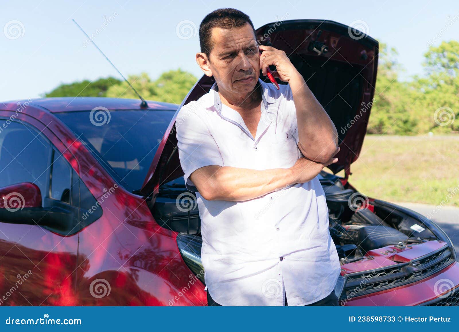 Man Calling for Assistance after Vehicle Breakdown Stock Image - Image ...