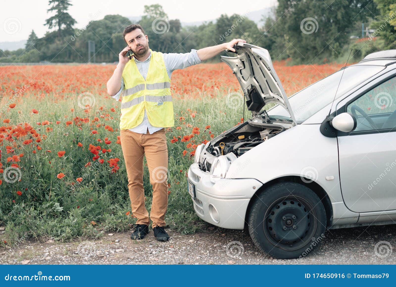 Man Calling for Help after Car Breakdown. Car Service. Tow Service ...