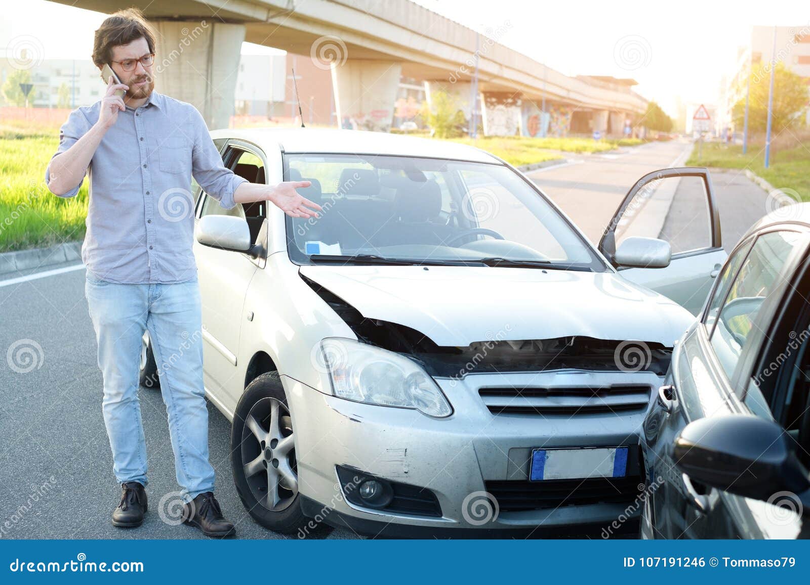 Man Calling Help after Car Crash Accident on the Road Stock Photo ...