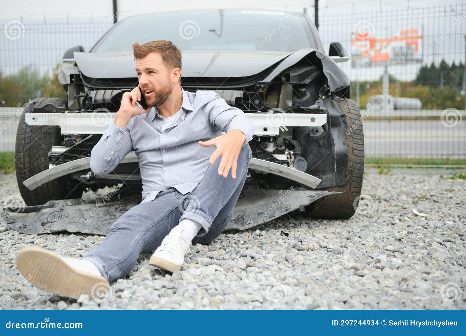 Man Calling Help after a Car Crash Accident on the Road Stock Photo ...