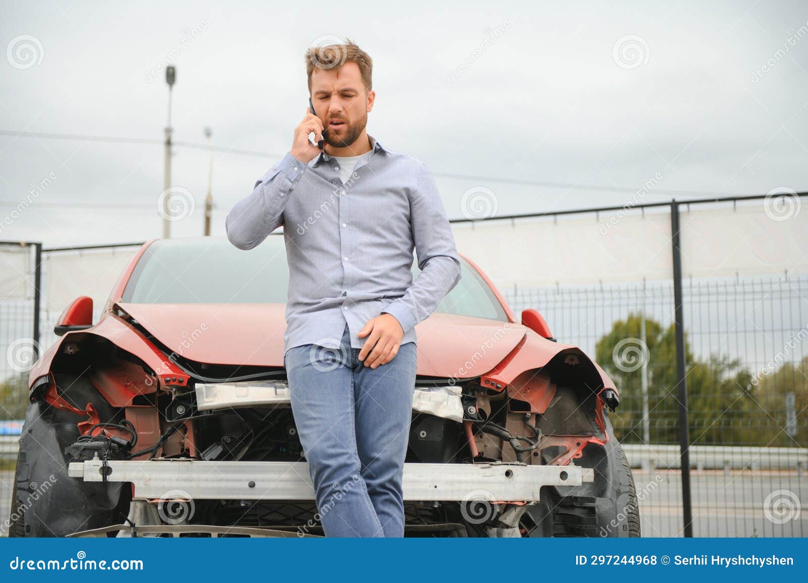 Man Calling Help after a Car Crash Accident on the Road Stock Photo ...
