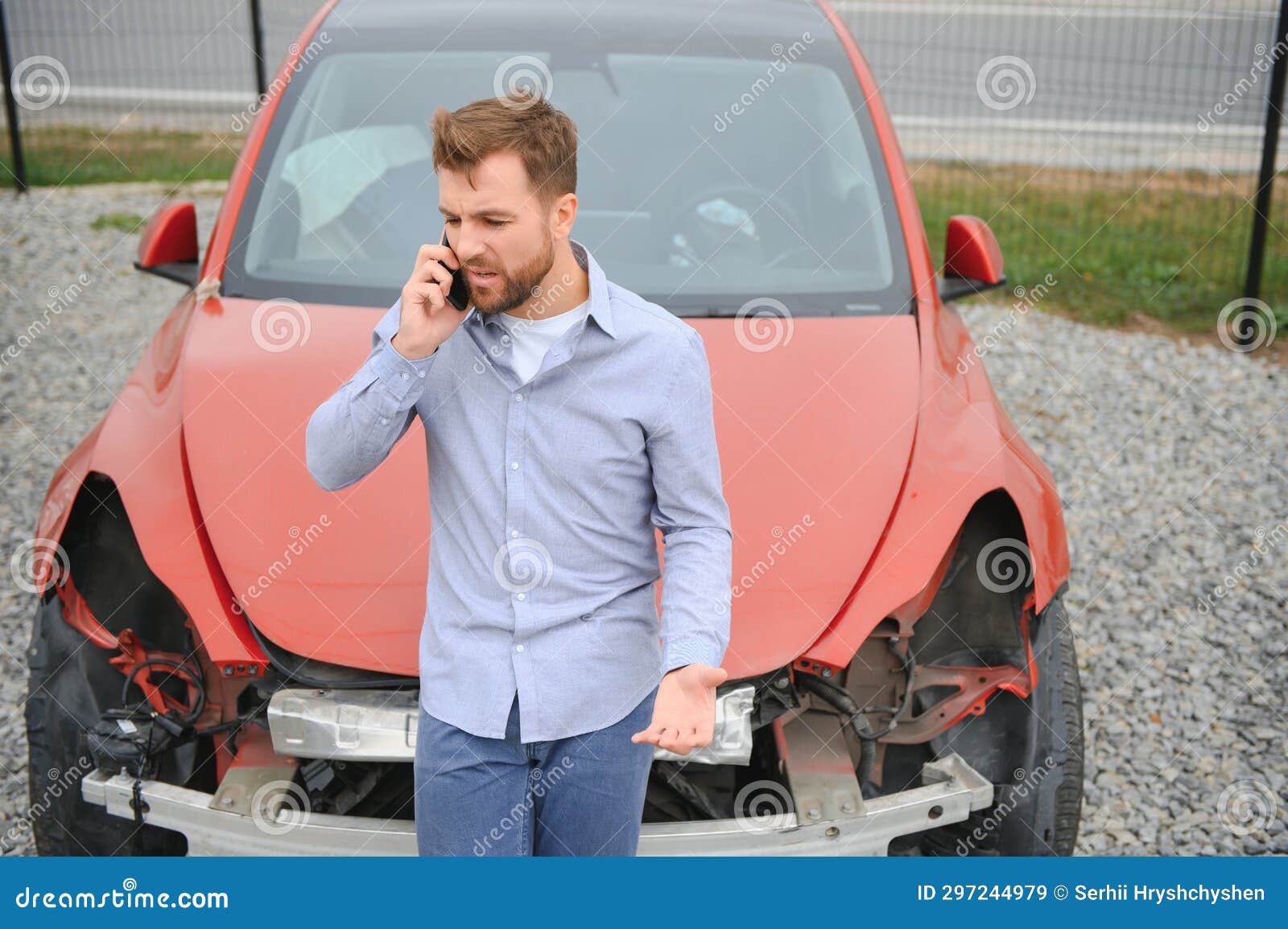 Man Calling Help after a Car Crash Accident on the Road Stock Image ...
