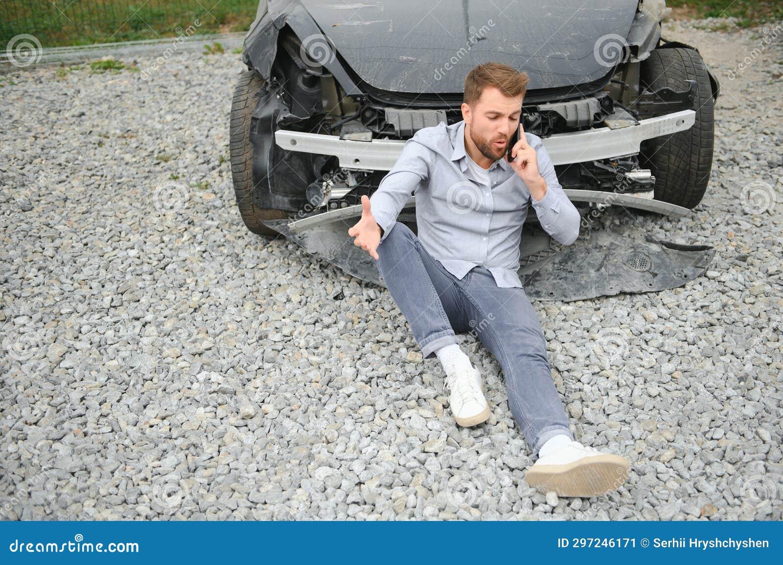 Man Calling Help after a Car Crash Accident on the Road Stock Image ...