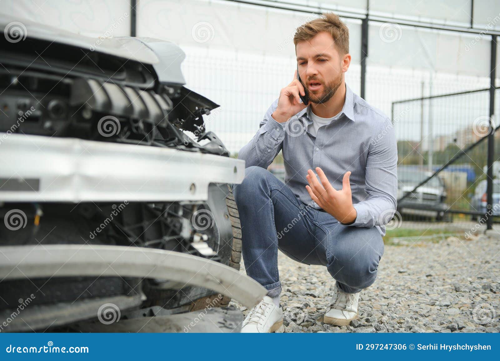 Man Calling Help after a Car Crash Accident on the Road Stock Photo ...