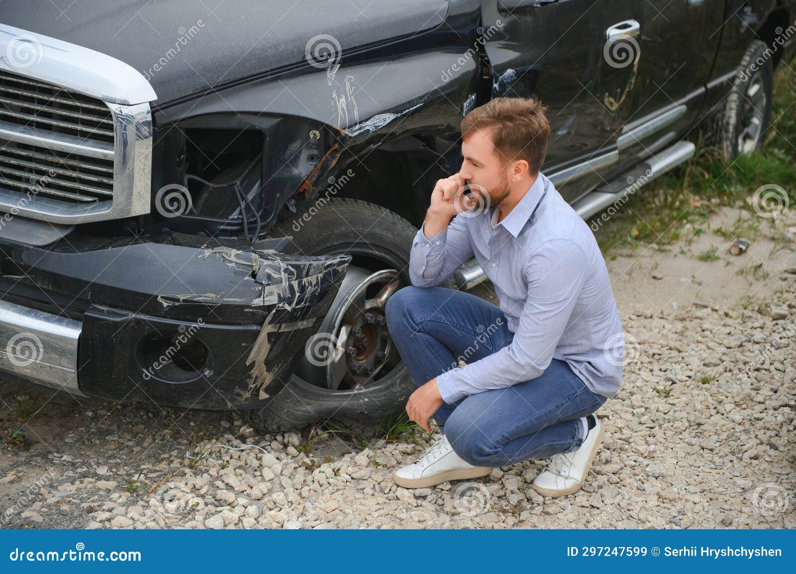Man Calling Help after a Car Crash Accident on the Road Stock Image ...