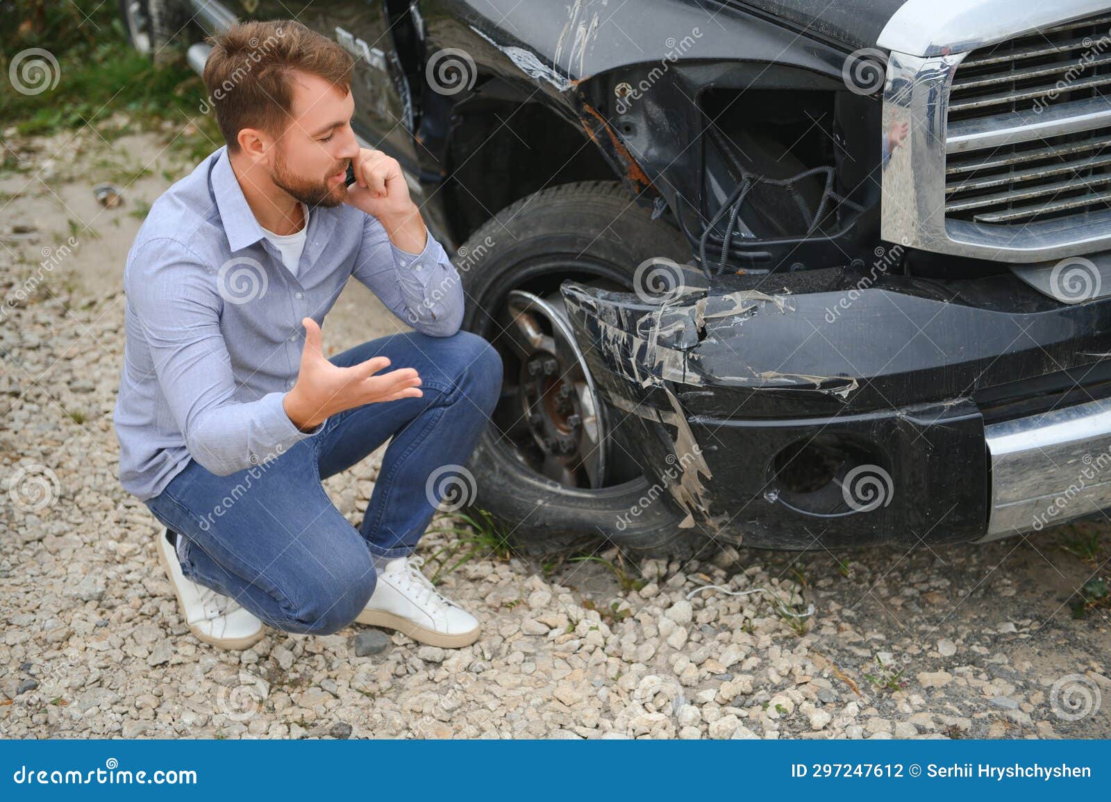 Man Calling Help after a Car Crash Accident on the Road Stock Photo ...