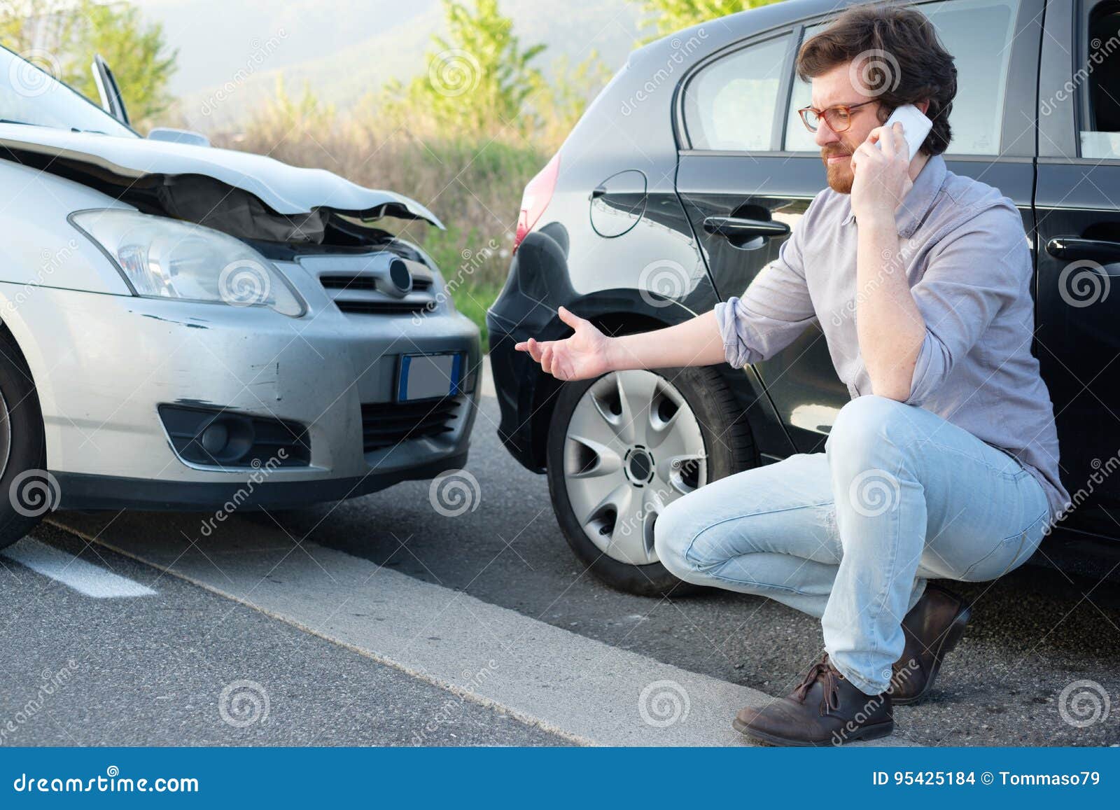 Man Calling Help after Car Crash Accident on the Road Stock Photo ...
