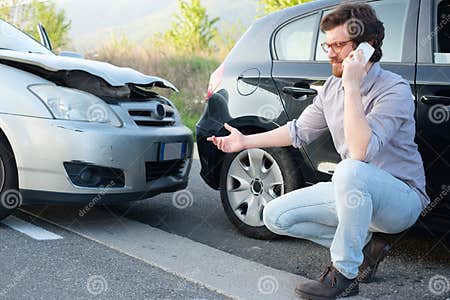 Man Calling Help after Car Crash Accident on the Road Stock Photo ...