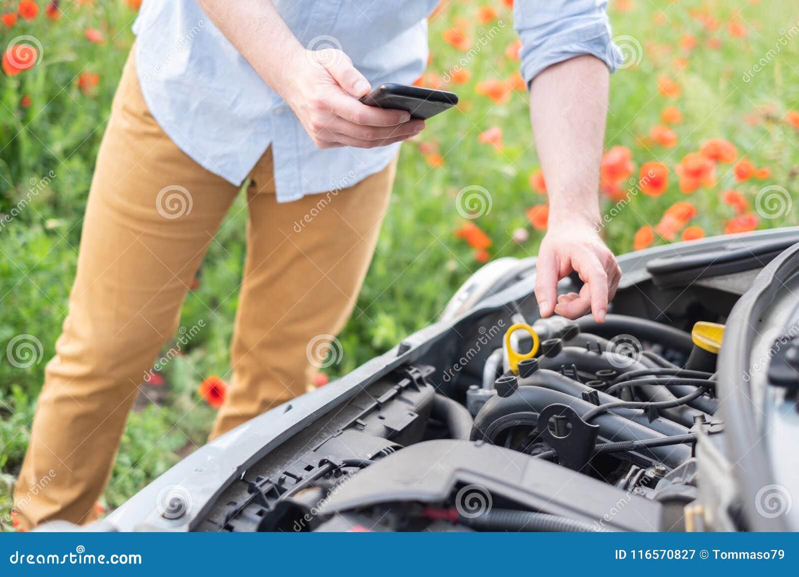 Man Calling for Help with Mobile Phone. Broken Down Car on the Road ...