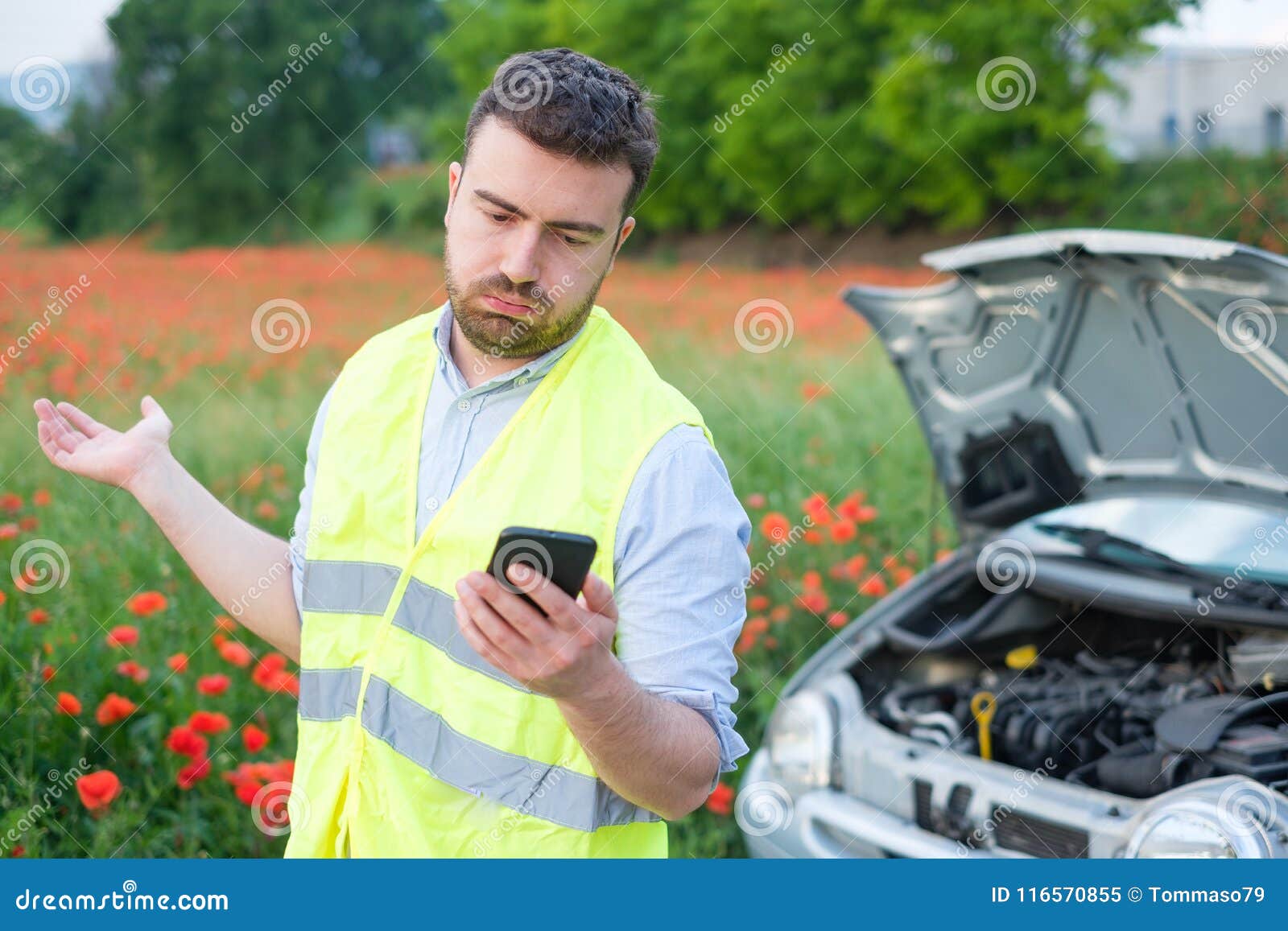 Young Man Calling the Car Service after a Vehicle Breakdown Stock Image ...
