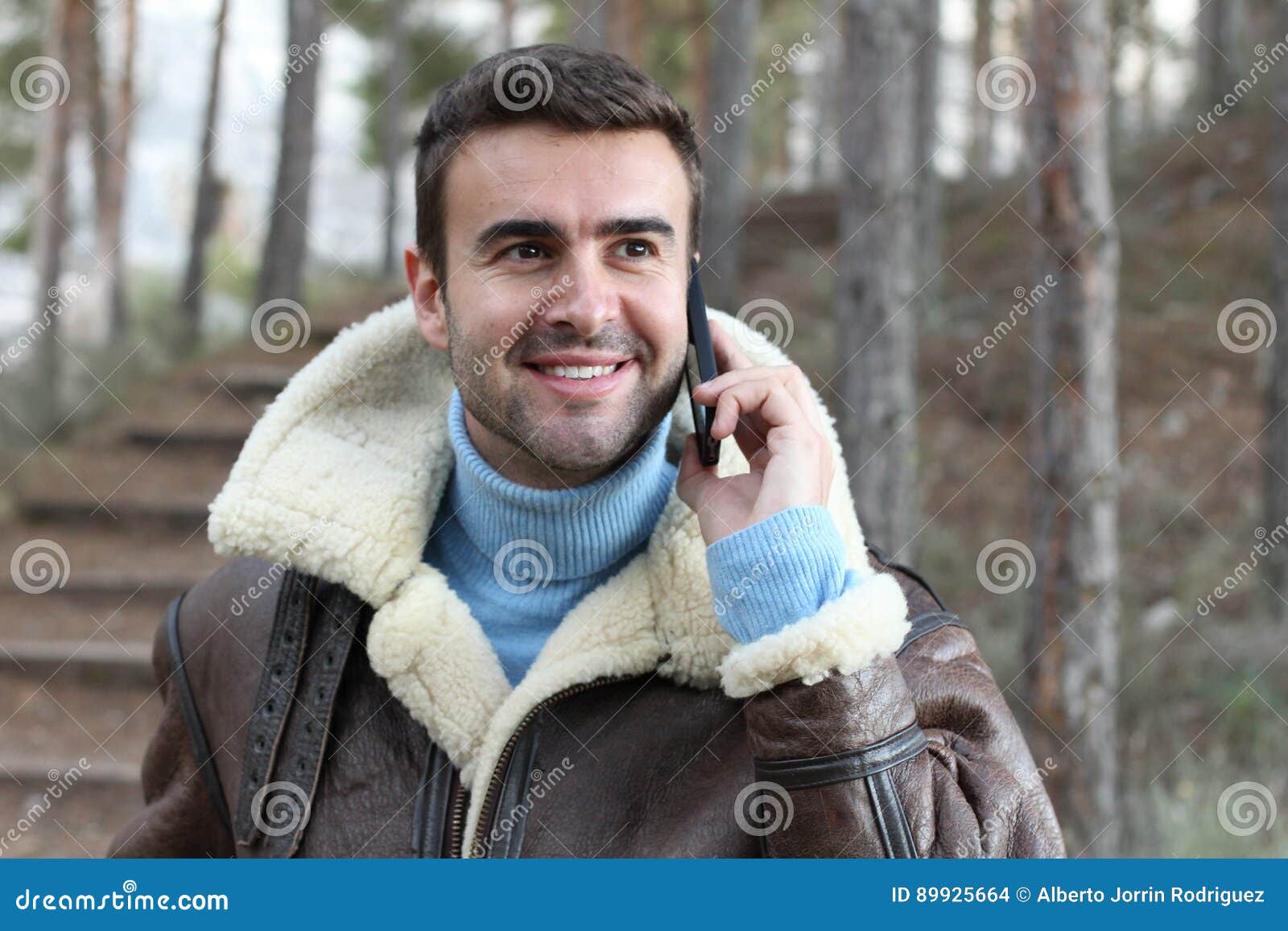 Man Calling by Phone from the Forest in the Winter Stock Photo - Image ...
