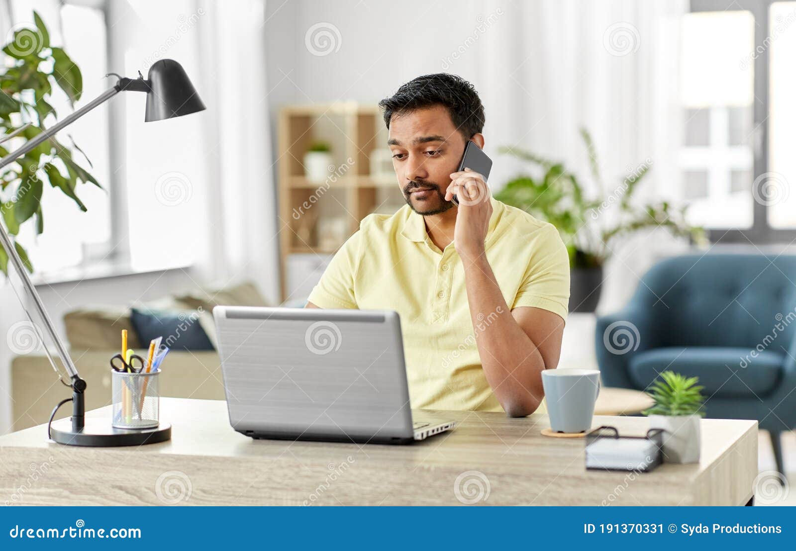 Man Calling on Smartphone at Home Office Stock Image - Image of ...