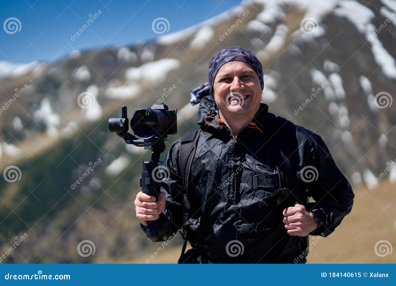 Man Vlogging in the Mountains Stock Image - Image of backpacker, hike ...