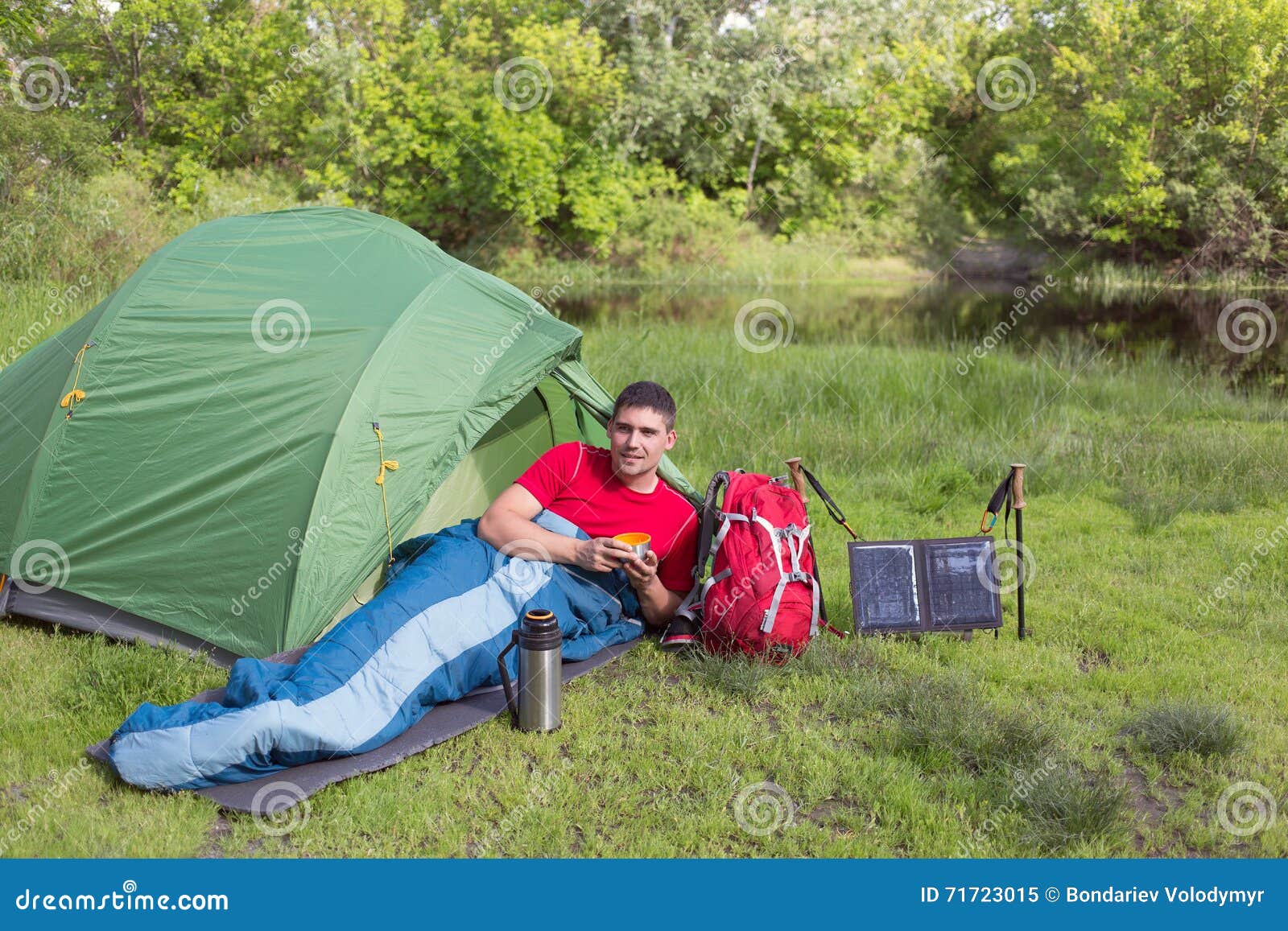 The Man at the Campsite in the Woods . Stock Image - Image of hiking ...